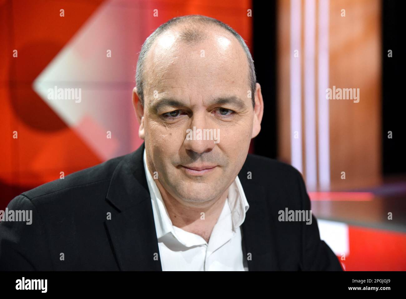 Paris, France. 23rd Mar, 2023. Laurent Berger is interviewed by ...