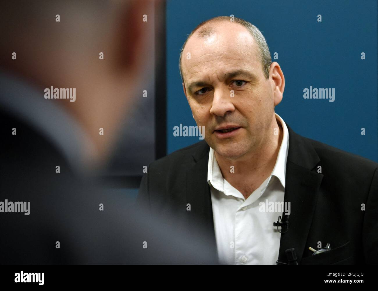 Paris, France. 23rd Mar, 2023. Laurent Berger is interviewed by ...