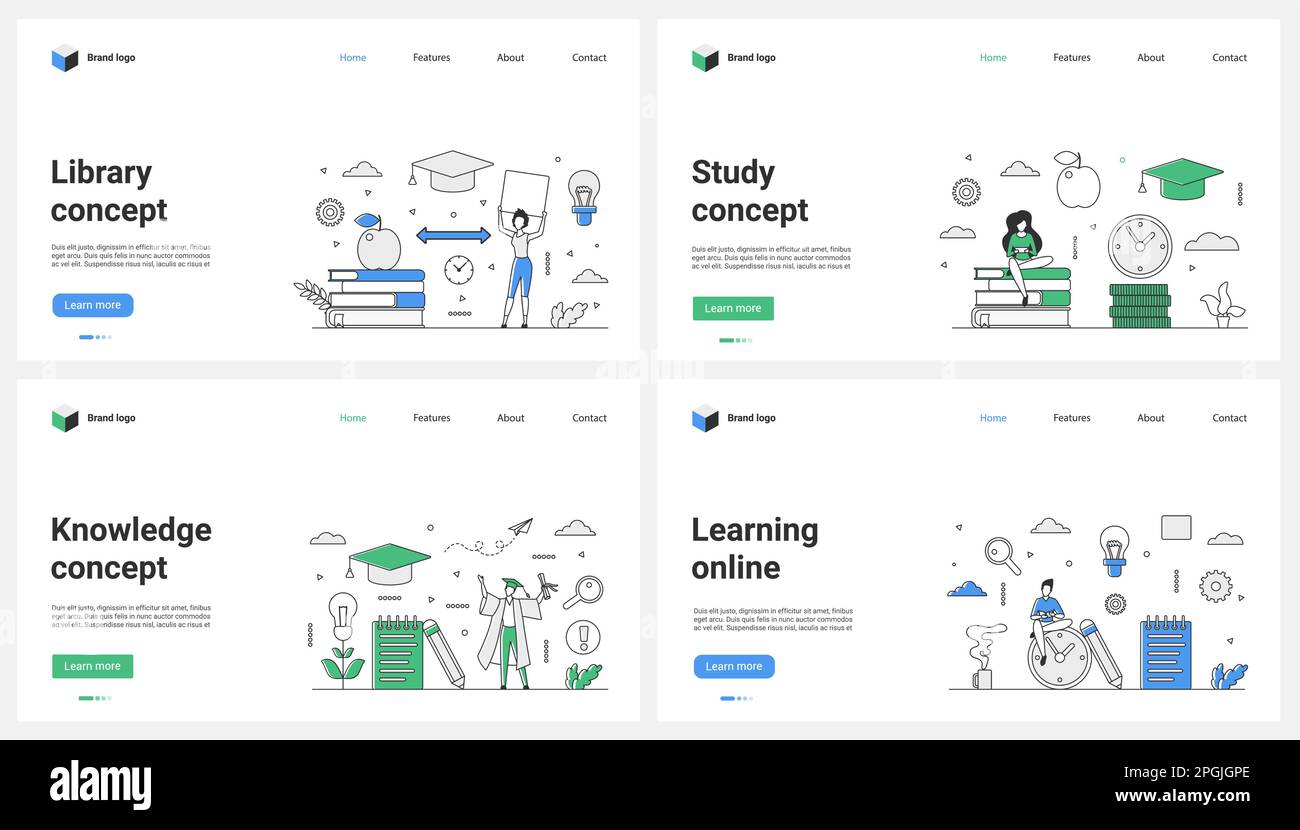 Library knowledge and study, online learning set vector illustration. Cartoon tiny students ...