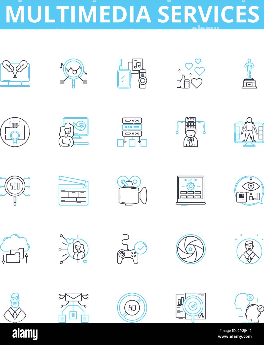multimedia services vector line icons set. Multimedia, Services, Audio, Video, Animation ...