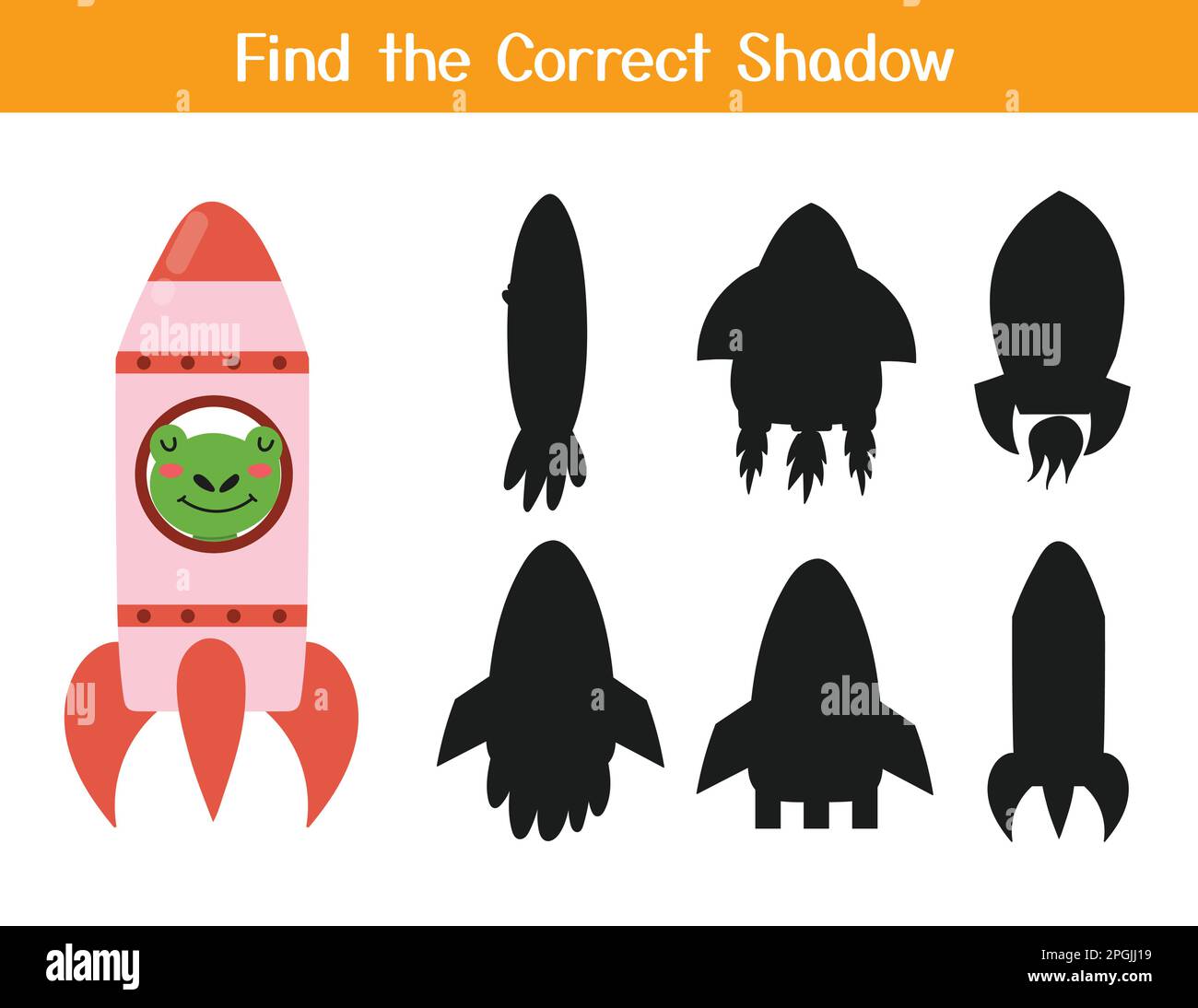 Find the correct shadow matching game with cute frog in a rocket. Space ...