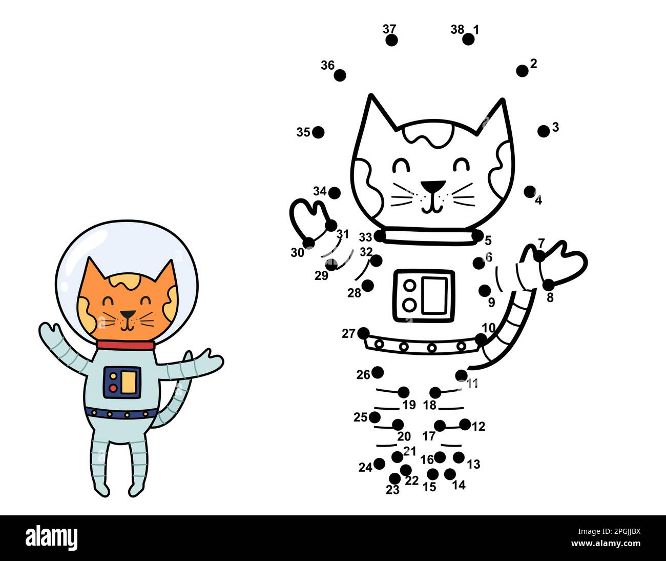 Connect the dots and draw a cute astronaut cat. Space dot to dot number ...