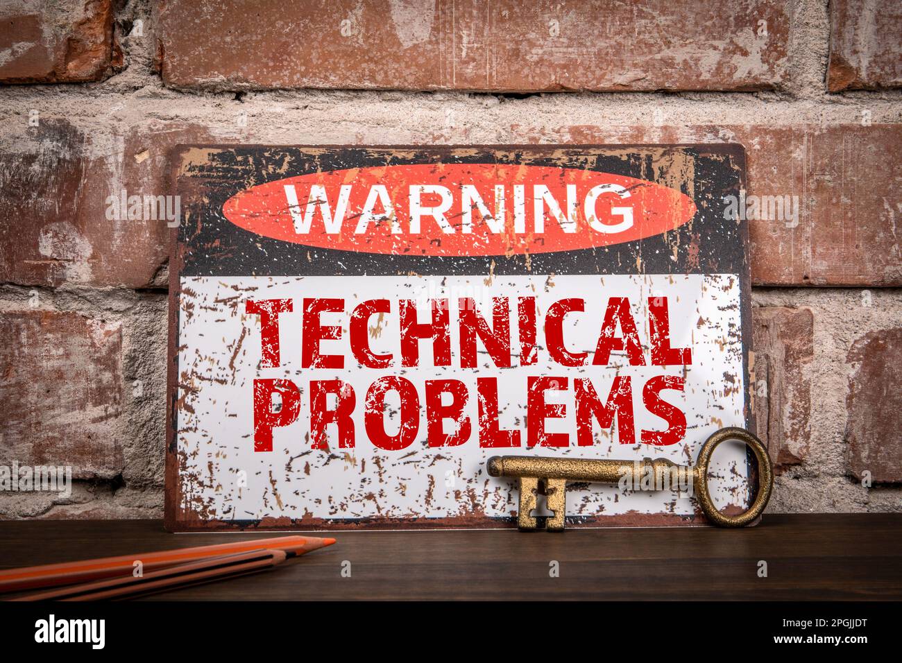 Technical Problems. Warning sign with text on wooden shelf Stock Photo ...