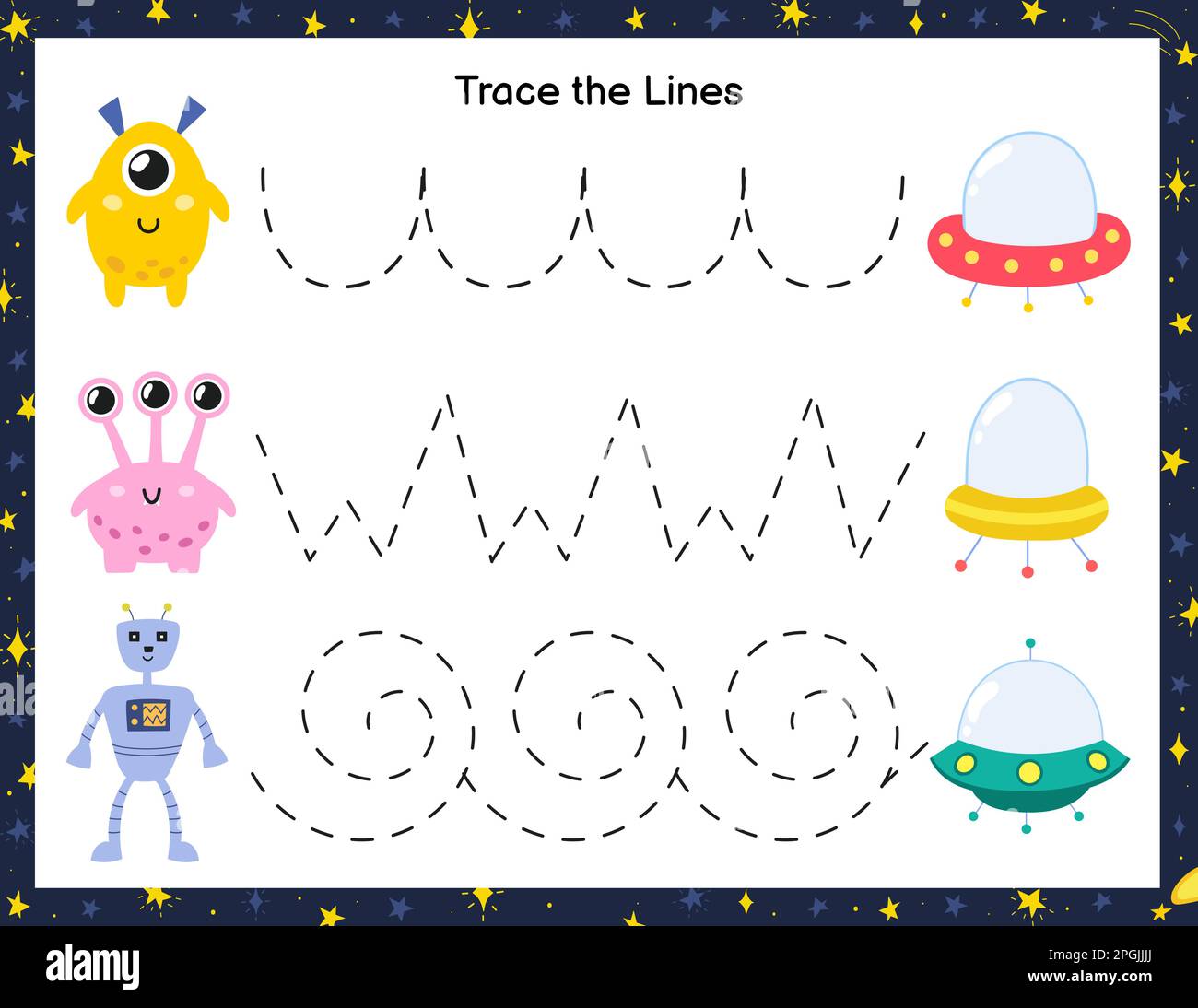 Trace lines from cute aliens to the flying saucers. Activity page for ...