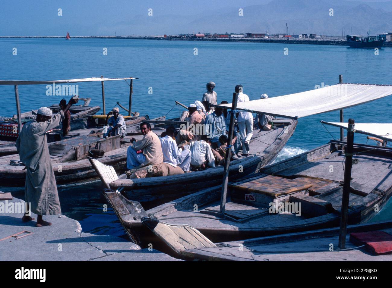 Ras Al Khaimah UAE 1976 – passenger ferry in Ras Al Khaimah harbour on ...