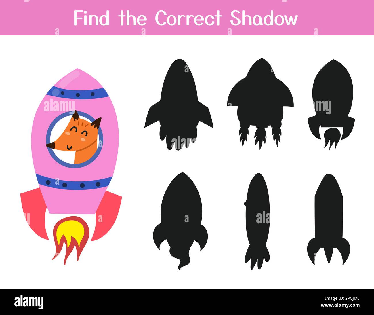 Find the correct shadow matching game with cute fox in a rocket. Space ...