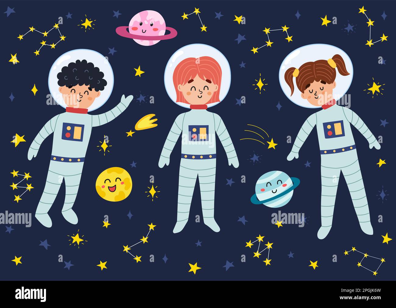 Space kids in suits and helmets. Cute children astronauts and planets ...
