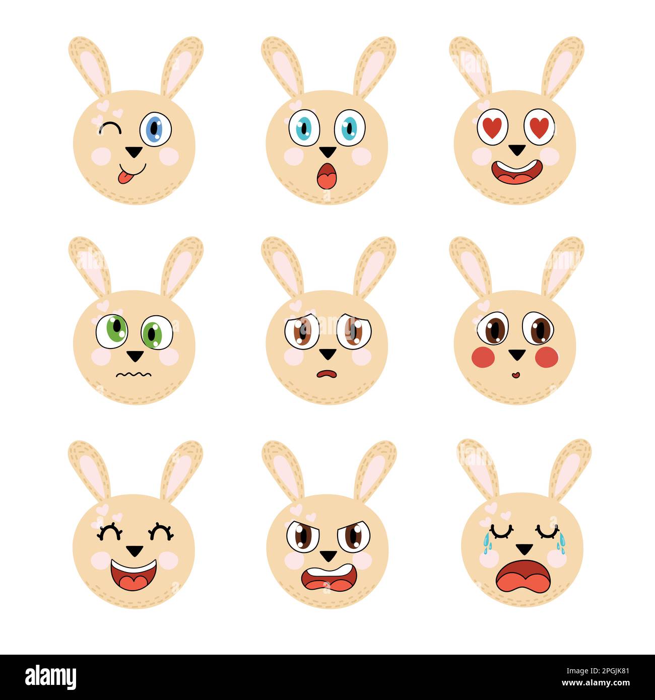 Cute rabbit emotions collection. Different emotional faces set with ...