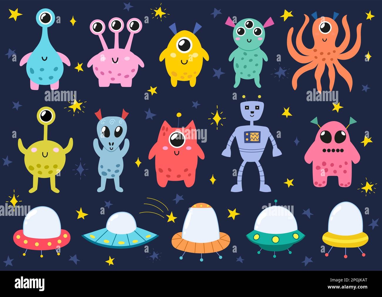 Funny space monsters set. Aliens and spaceships isolated elements ...