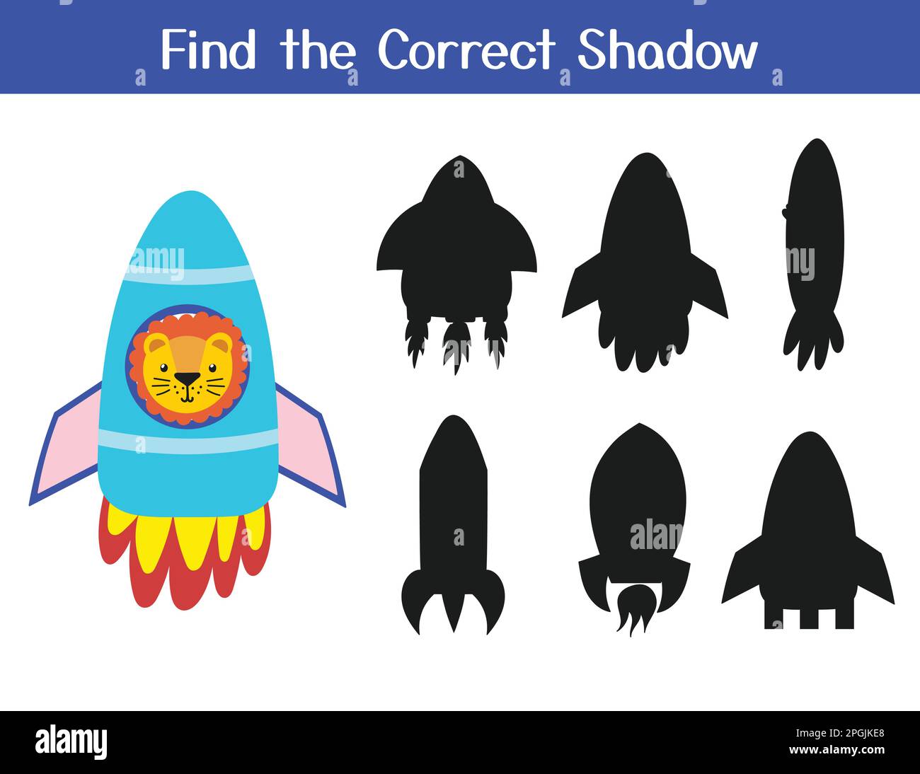 Find the correct shadow matching game with cute lion in a rocket. Space ...