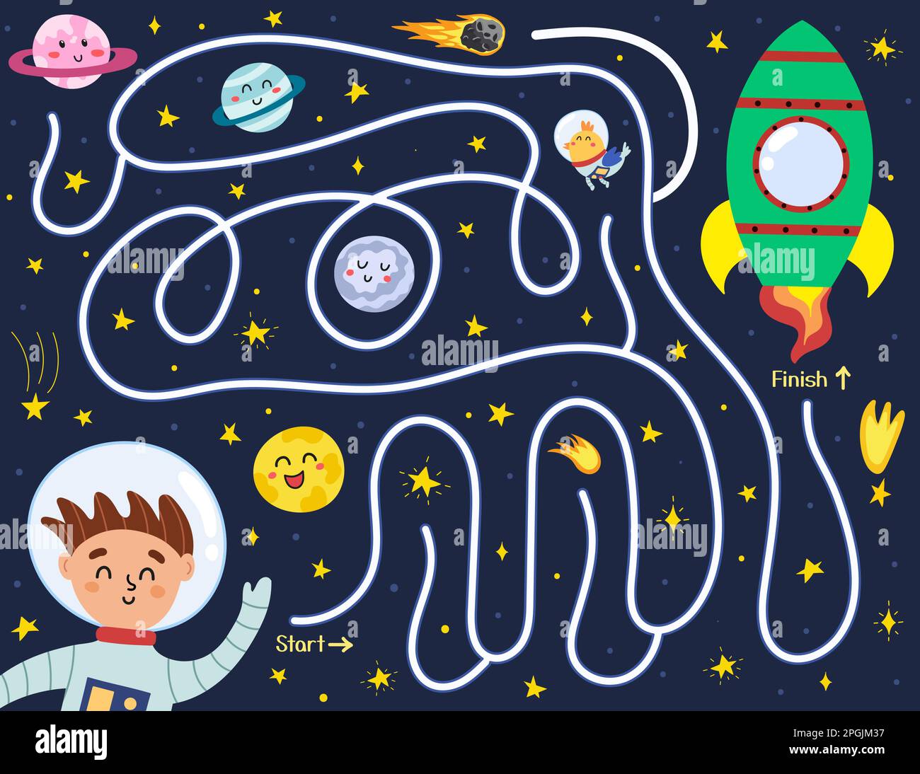 Help cute boy astronaut find a way to the rocket. Space maze puzzle for ...