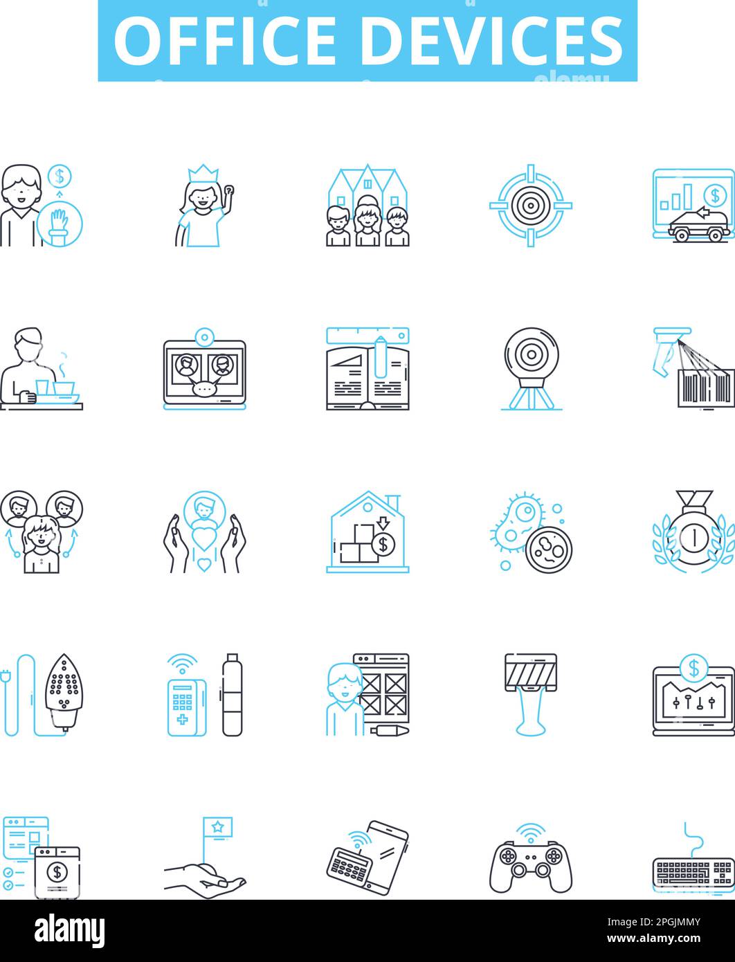 Office devices vector line icons set. Printers, Copiers, Computers ...