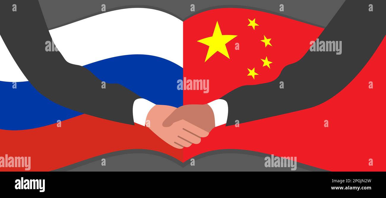Handshake of two hands against the background of the flags of China and ...