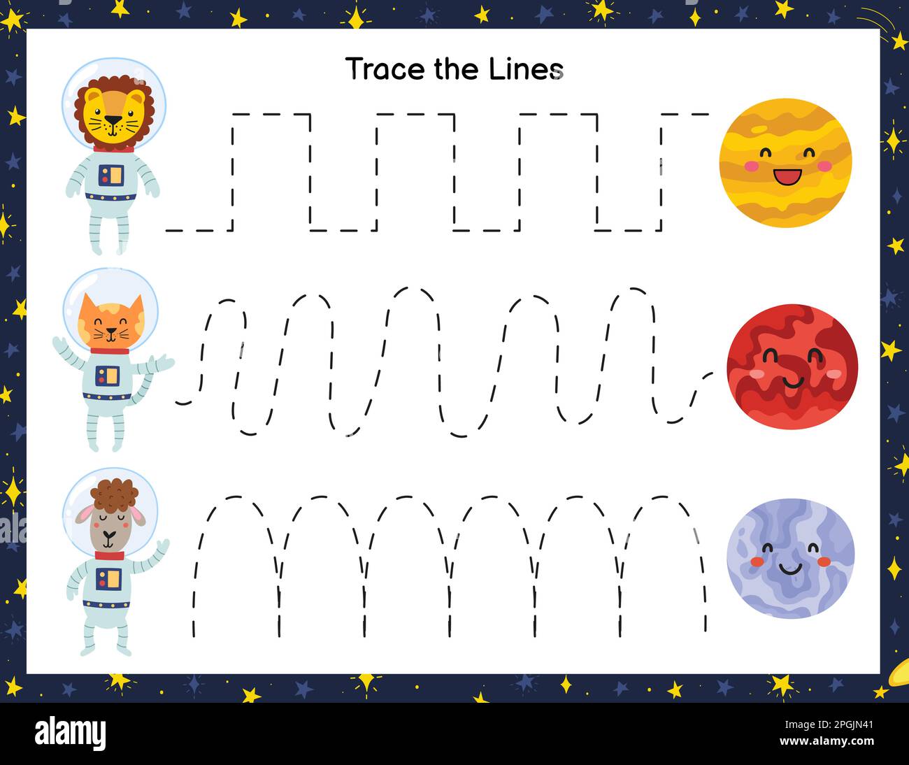 Trace lines from cute animals astronauts to the planets. Activity page ...