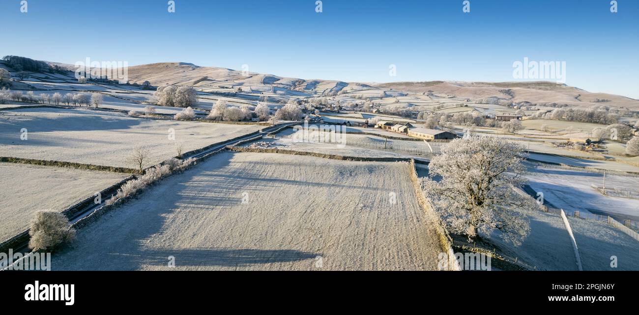 Hawes and the surrounding countryside in Wensleydale, covered in hoar frost early on a cold ...