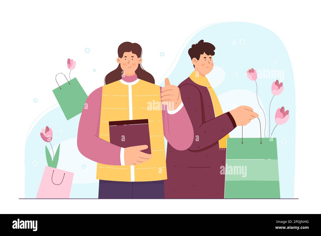 Spring sales in retail stores vector illustration. Cartoon cute happy ...