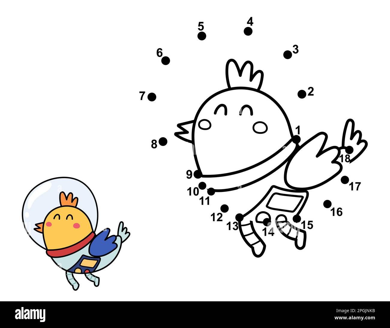 Connect the dots and draw a cute bird astronaut. Space dot to dot game ...