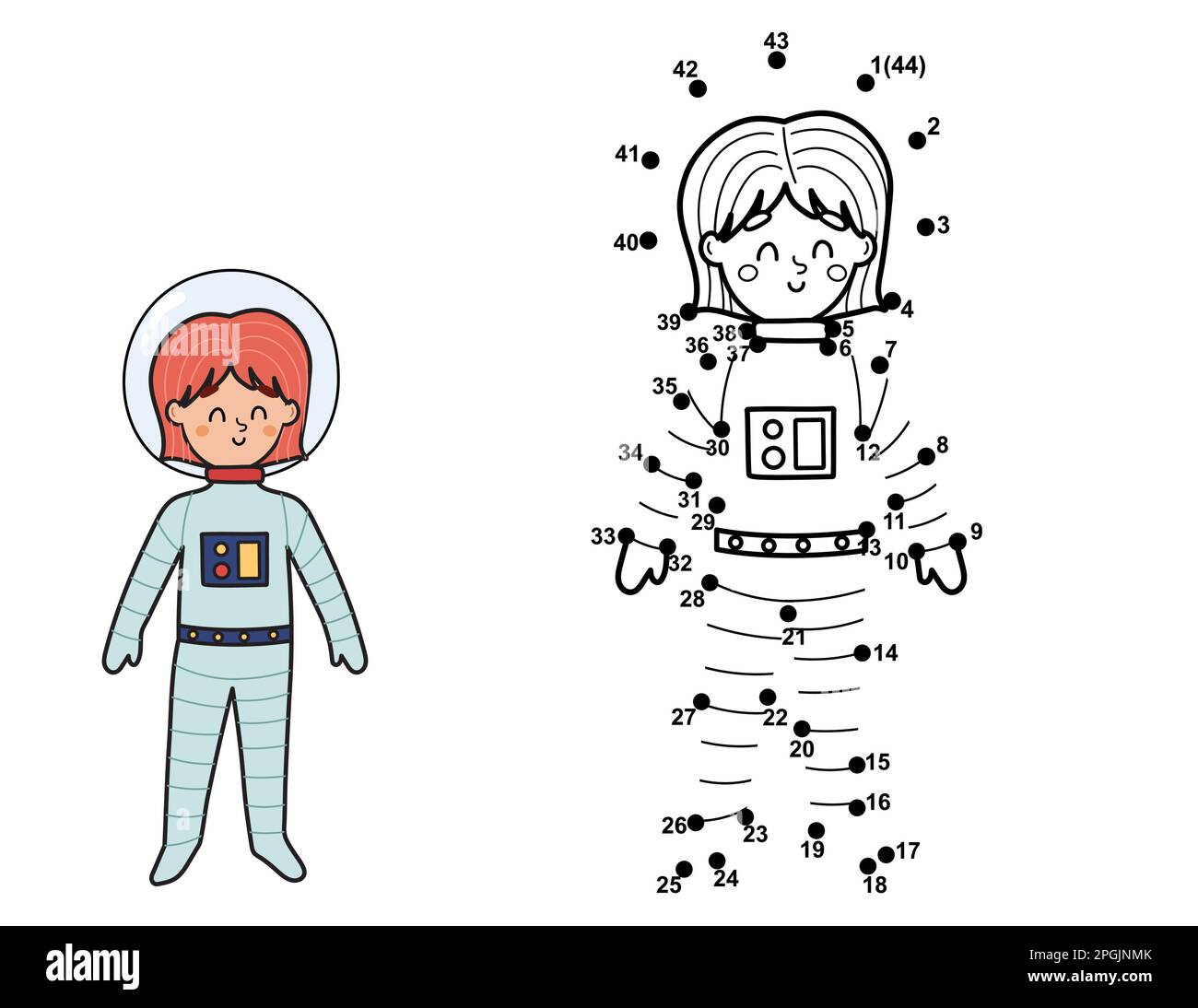 Connect the dots and draw a cute girl astronaut. Space dot to dot ...