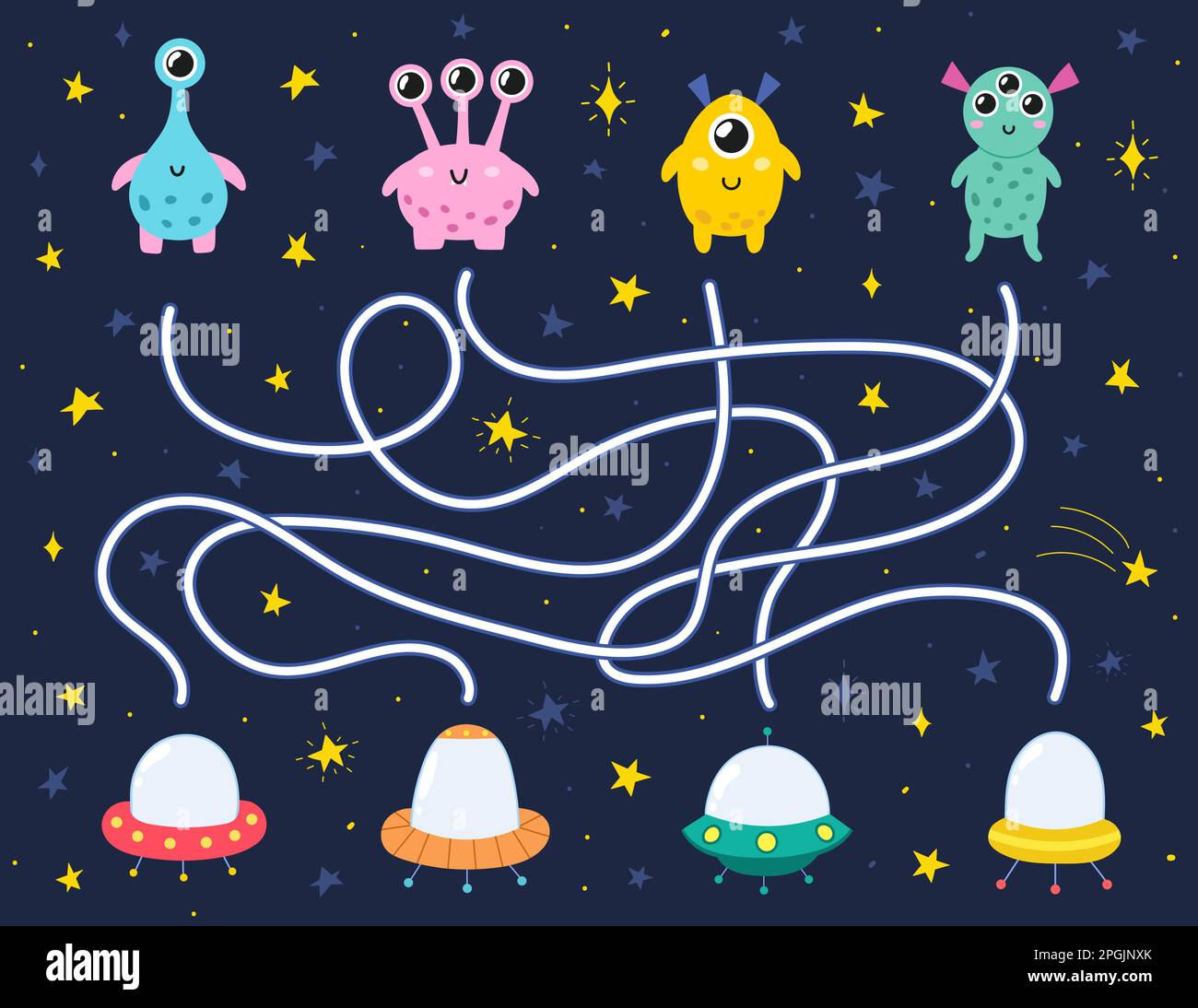 Find the correct flying saucer for each alien. Space maze puzzle for ...