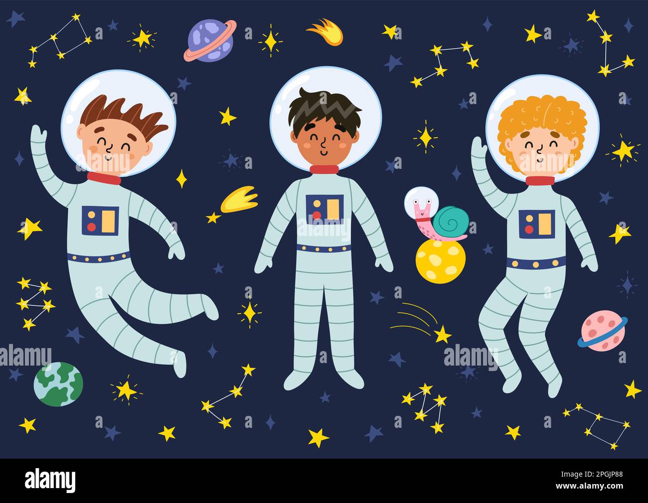 Space kids in suits and helmets. Cute children astronauts and planets ...