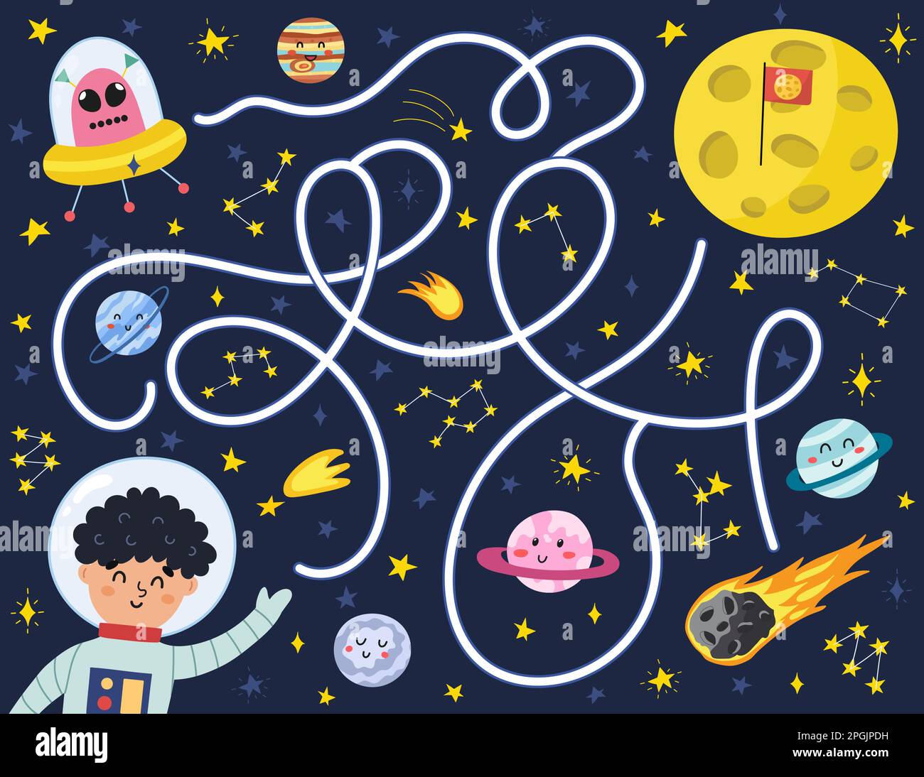 Space maze puzzle for kids. Help a cute boy astronaut find way to the ...