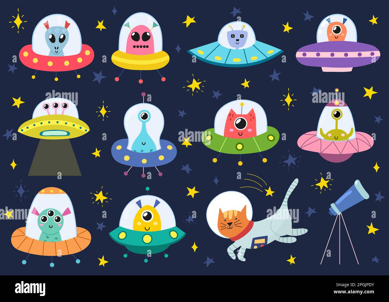 Cute aliens in spaceships collection. Space ufo characters set Stock ...