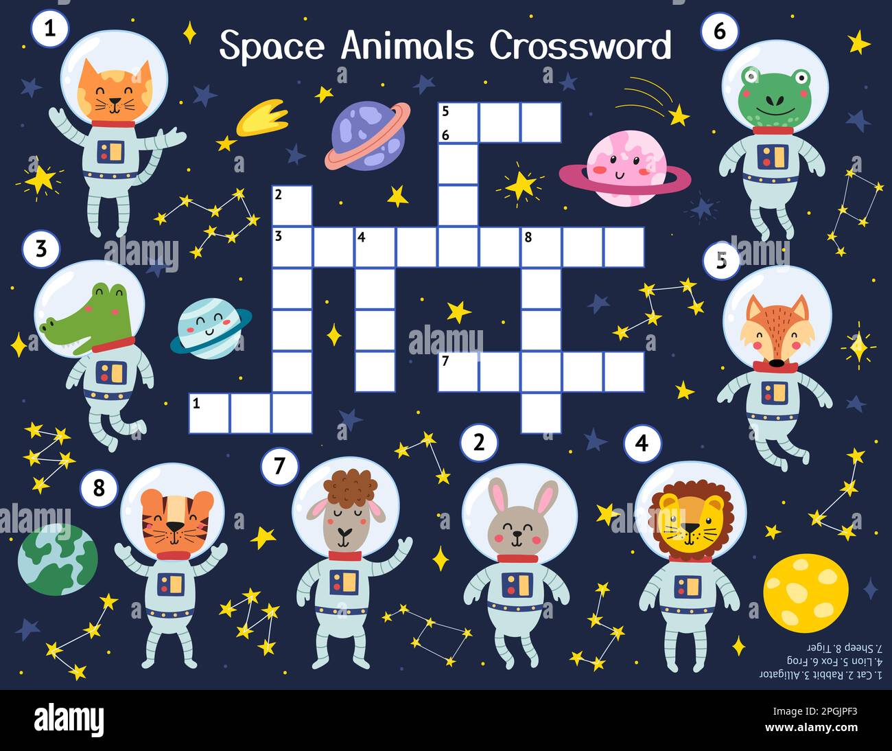 Space animals crossword puzzle with cute characters. Space activity ...