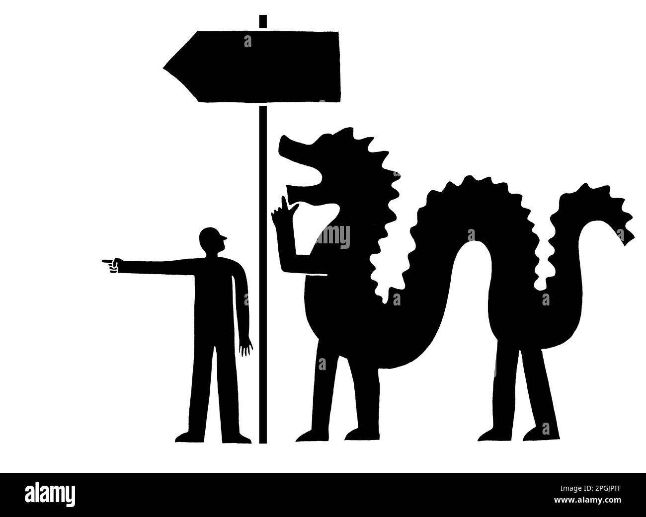 Black and white illustration of man pointing way to a dragon ...