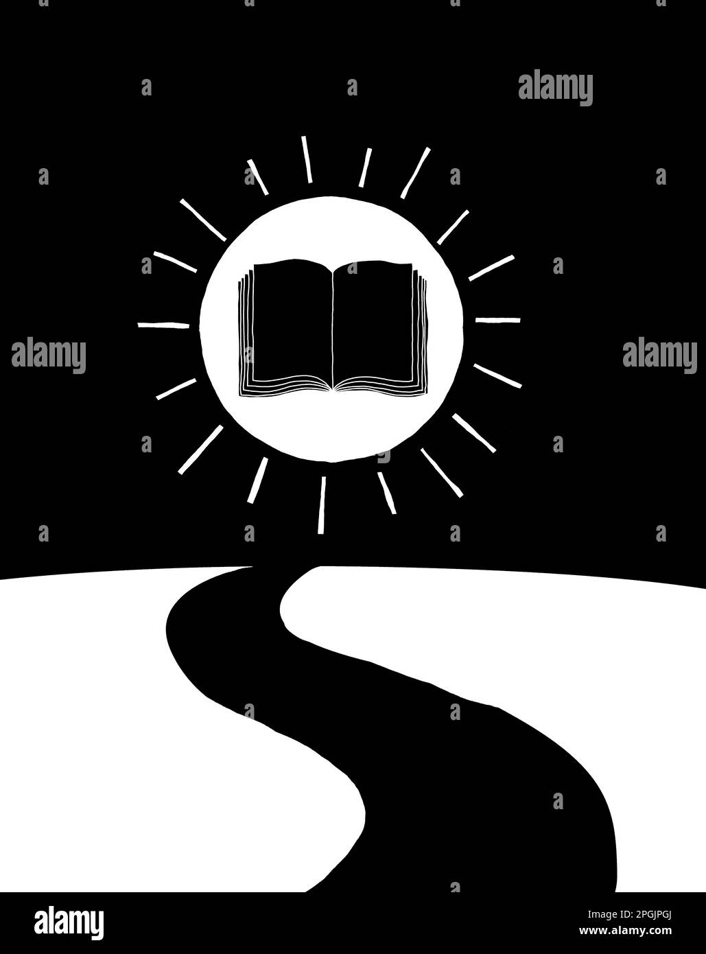 Illustration showing a book in the middle of the sun, with a path ...
