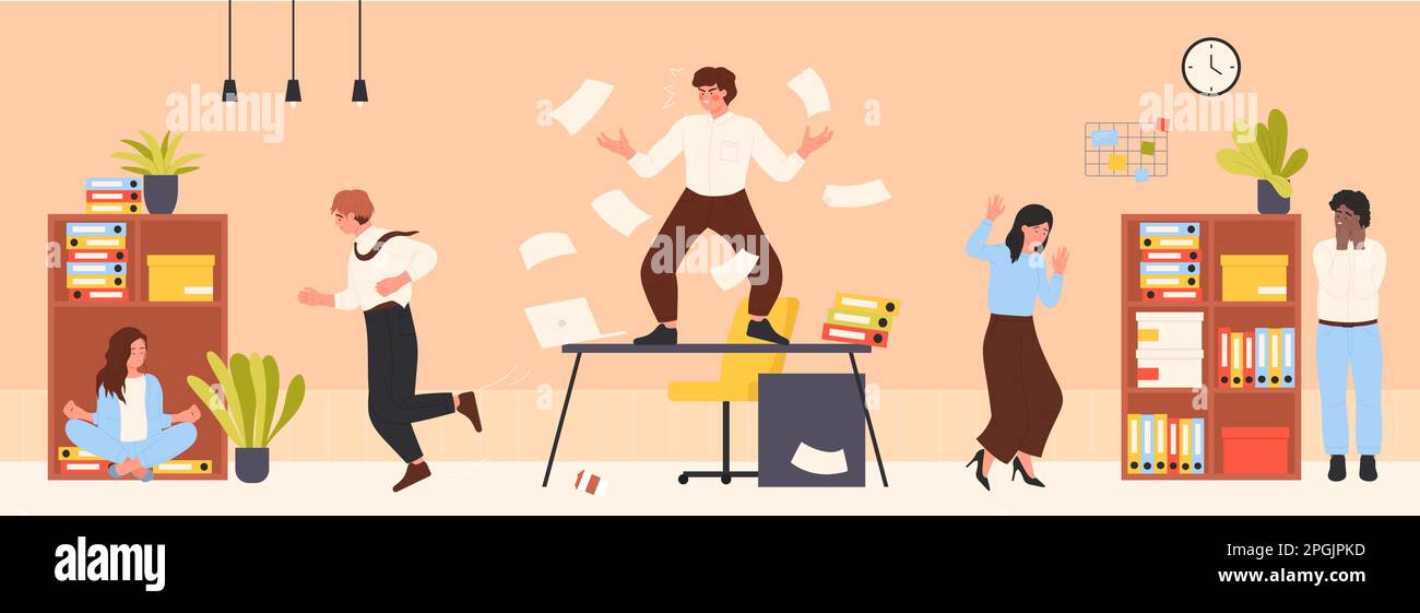 Angry boss shouting about deadline, yelling at busy employees running ...