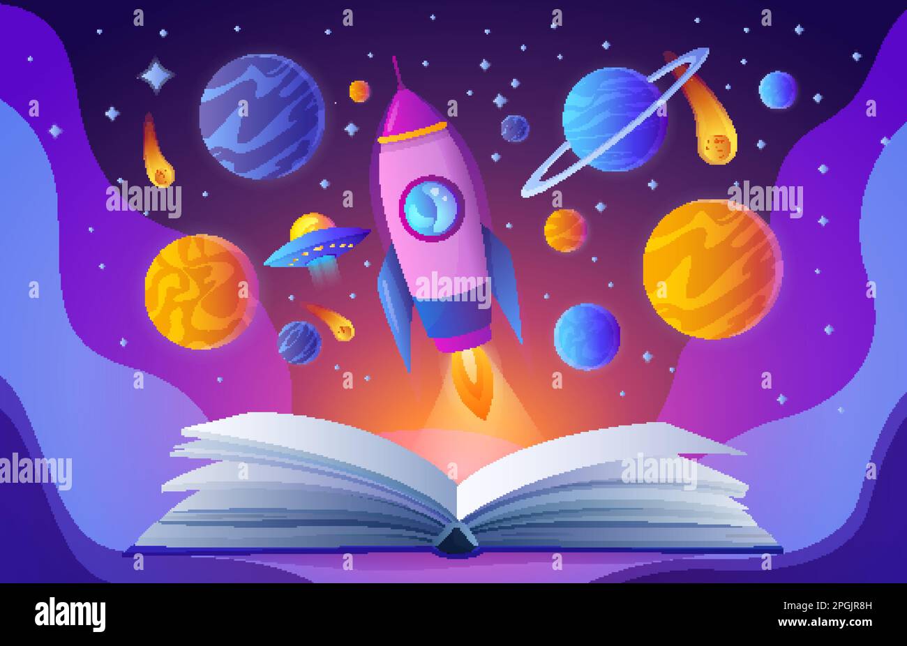 Open magic book with fantasy outer space, education, science and reading concept vector ...