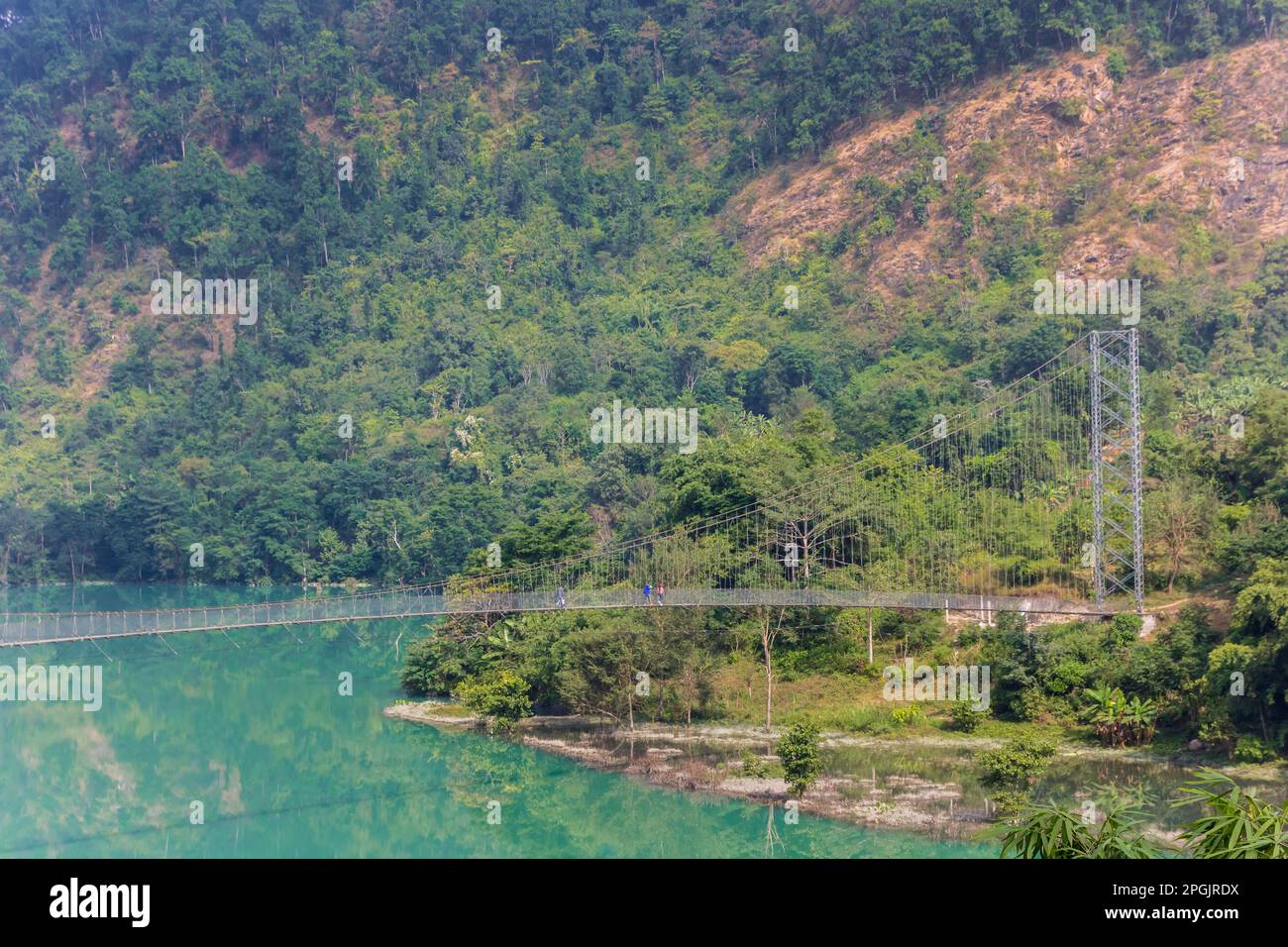View over the Trishuli river and suspension bridge in Nepal Stock Photo ...