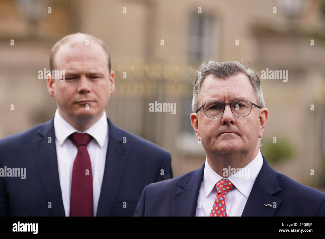 Gordon Lyons MLA and DUP leader Sir Jeffrey Donaldson speaking to the ...