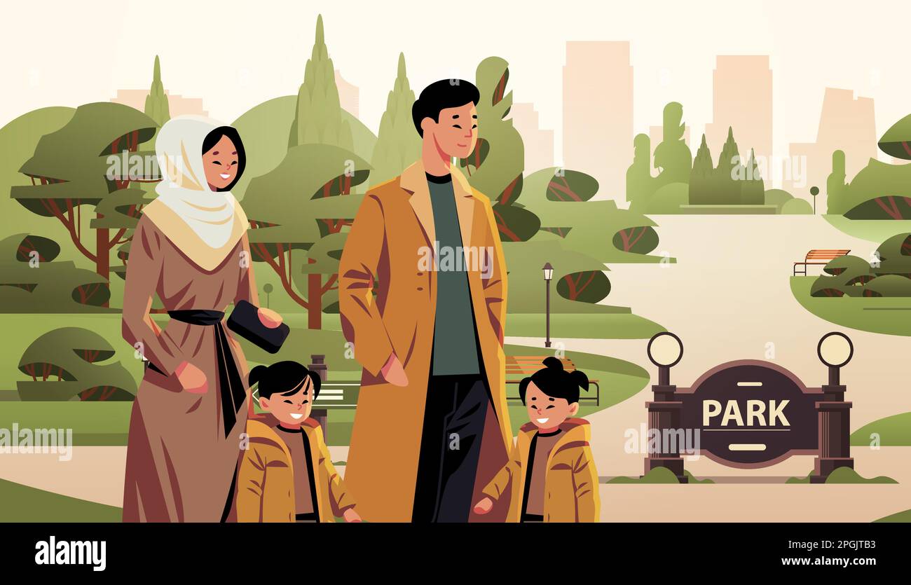 asian parents and little children walking together in urban park mother ...