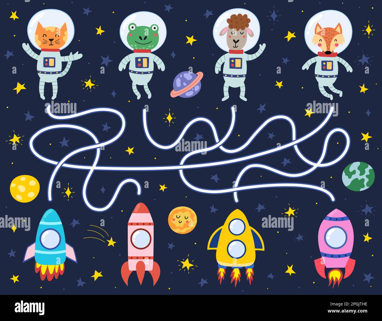 Find a correct way to the rockets for each animal astronaut. Space maze ...