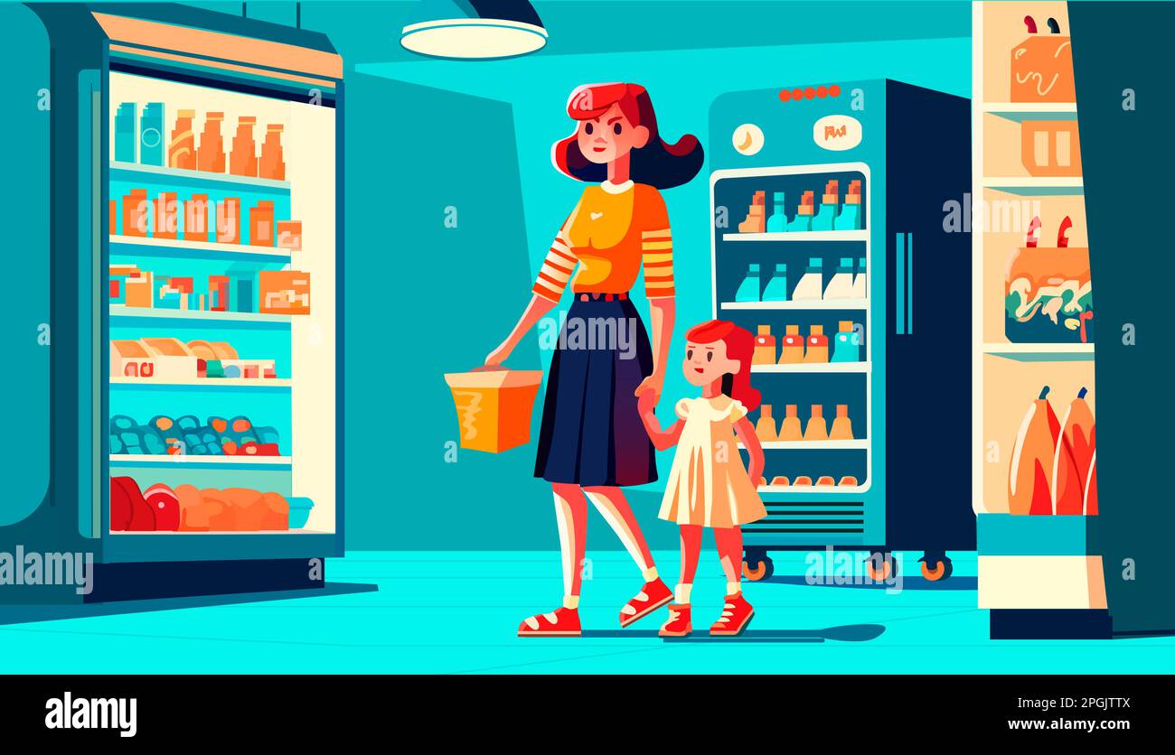 Lady In Grocery Store With Shopping Cart Full Of Groceries Stock Vector