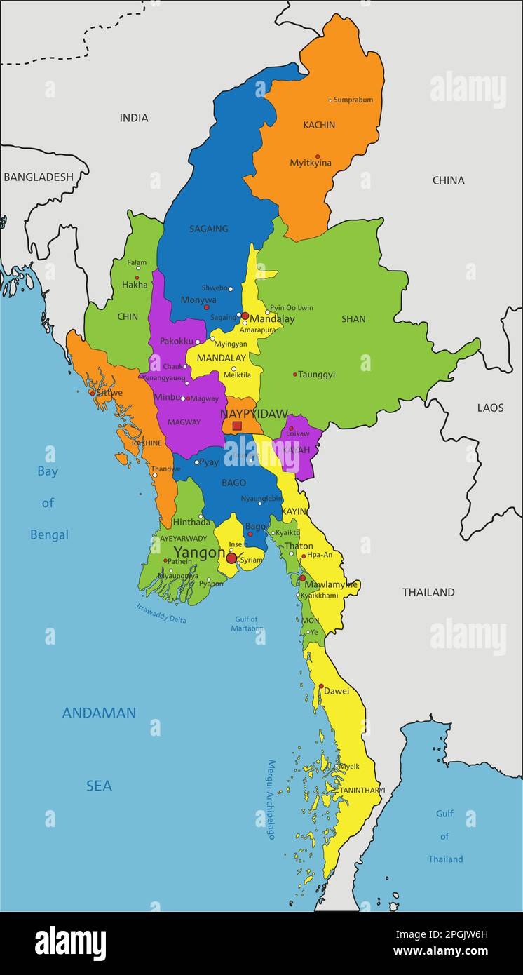 Colorful Myanmar political map with clearly labeled, separated layers ...