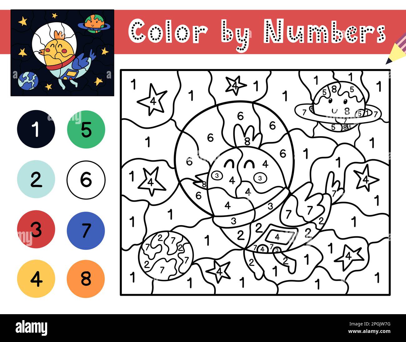 Color the picture with a bird astronaut by numbers. Space activity page ...