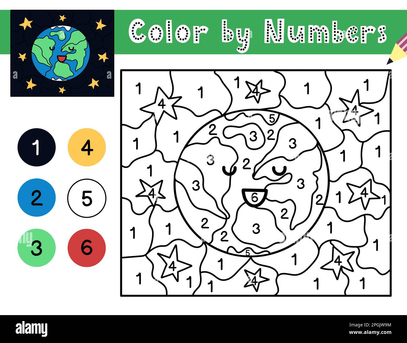 Color the picture with a cute planet Earth by numbers. Space activity ...