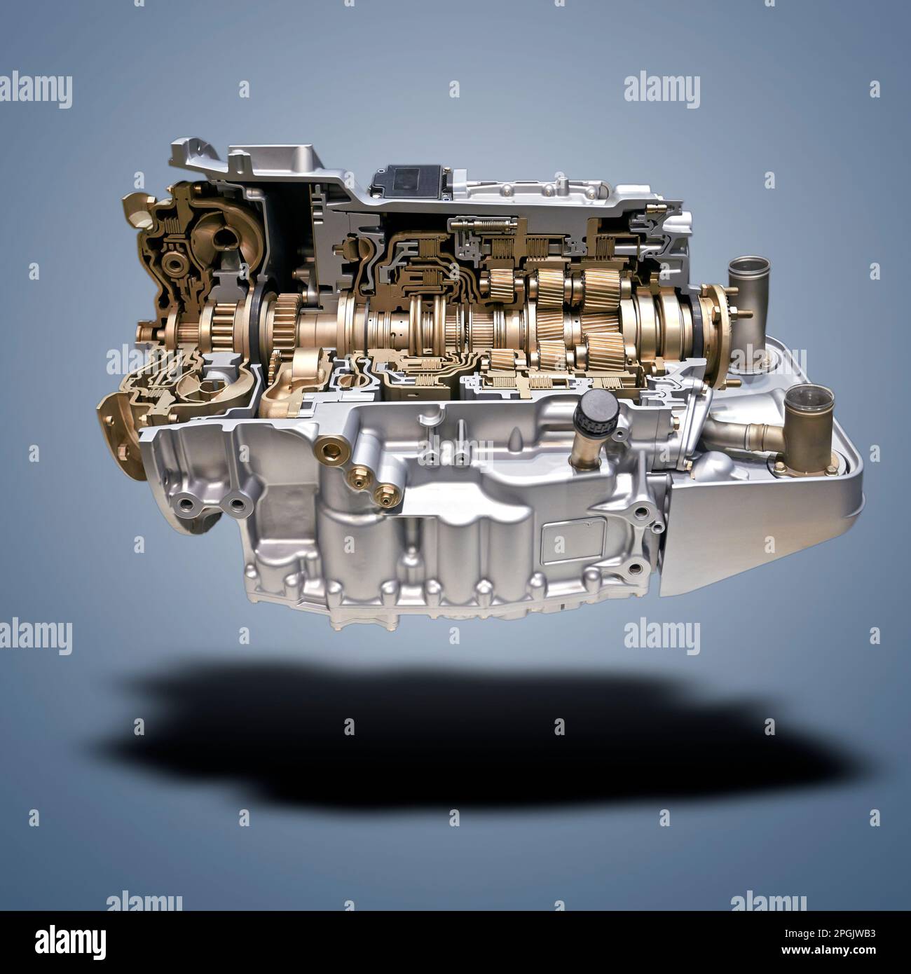 Floating Modern car engine and gear box on blue gradient background ...