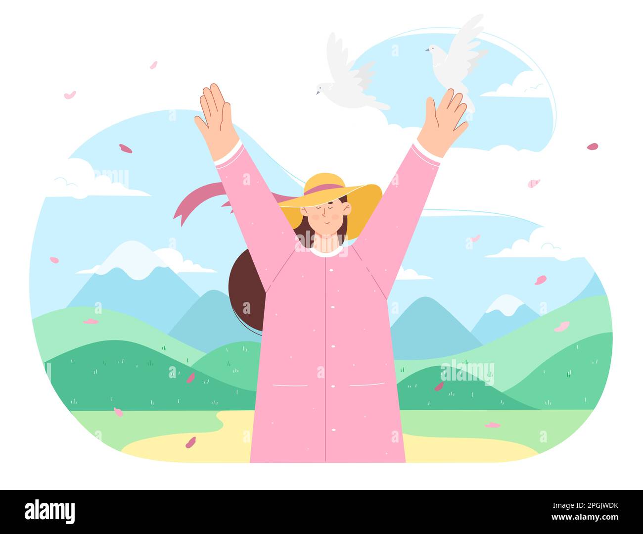 Happy girl in morning spring park vector illustration. Cartoon cute ...