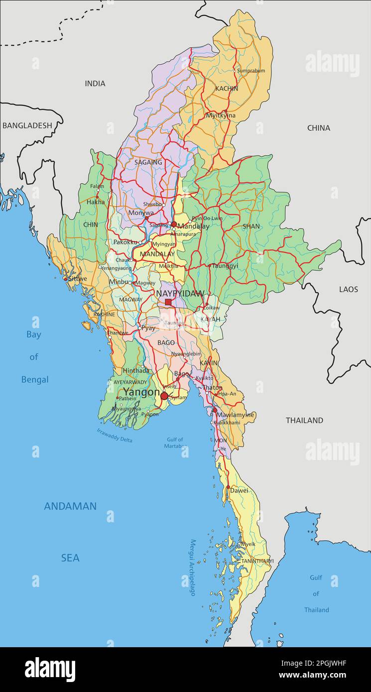 Myanmar - Highly detailed editable political map with labeling Stock ...