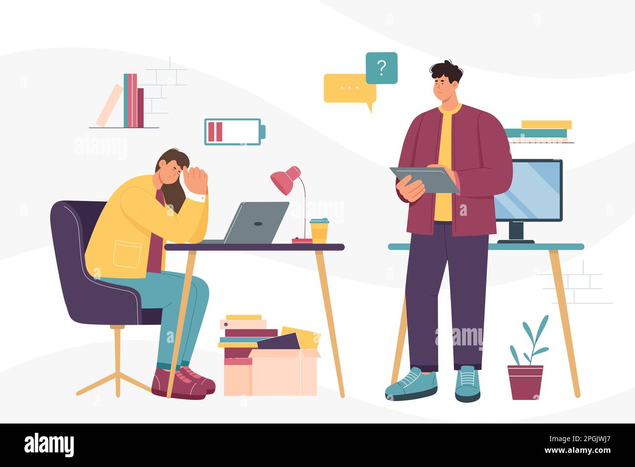 Burnout and stress of sad employee vector illustration. Cartoon tired ...