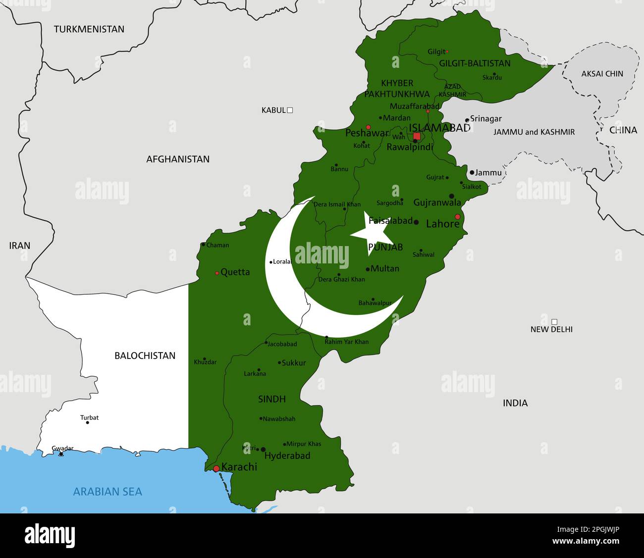 Pakistan highly detailed political map with national flag isolated on ...