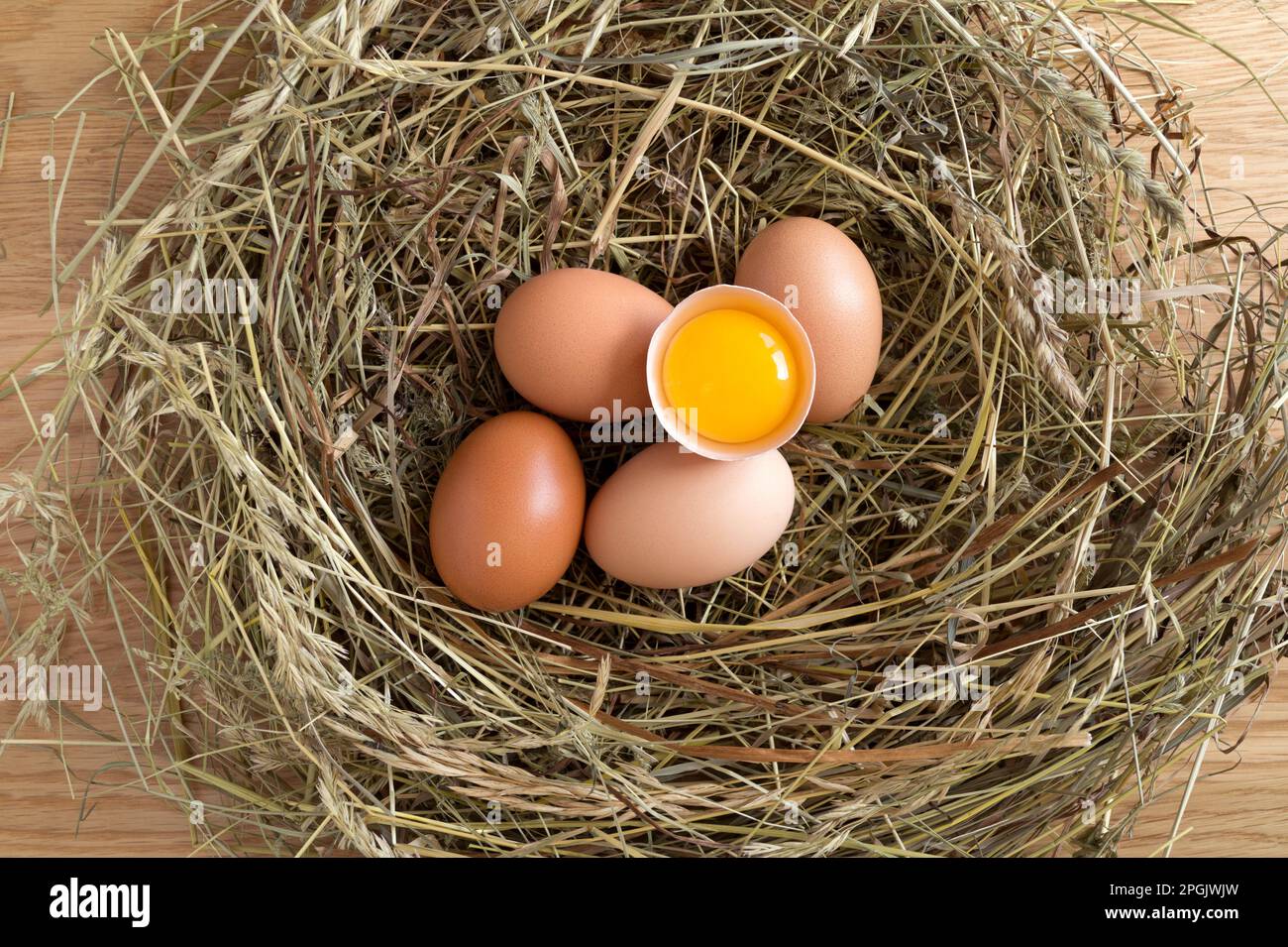 Pile of chicken eggs, egg yolk in broken egg. Bio and eco farming, bio ...
