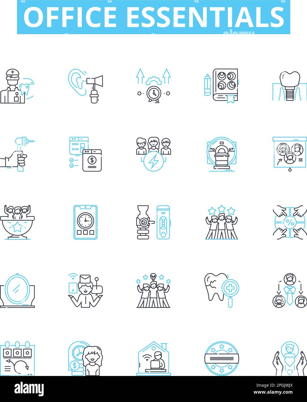Office essentials vector line icons set. Desk, Chair, Pens, Printer ...