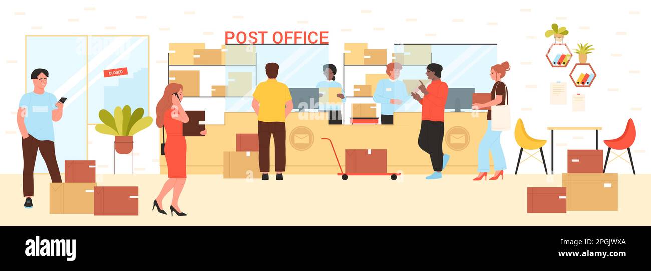 Customers at post office reception vector illustration. Cartoon people using delivery service ...