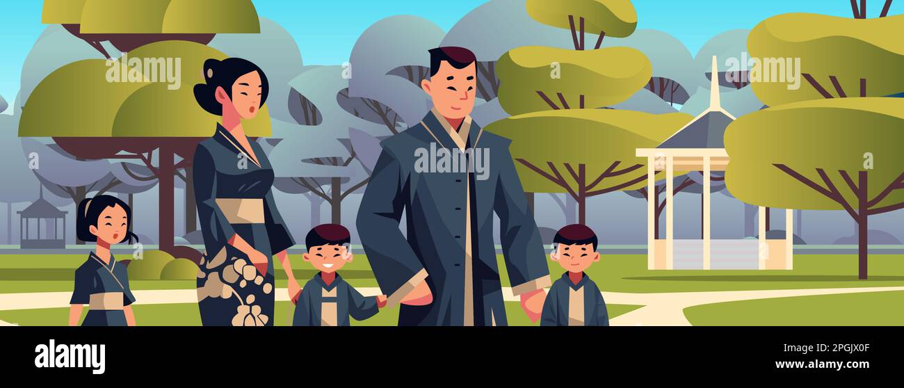 japan father mother and little children walking together in park asian ...