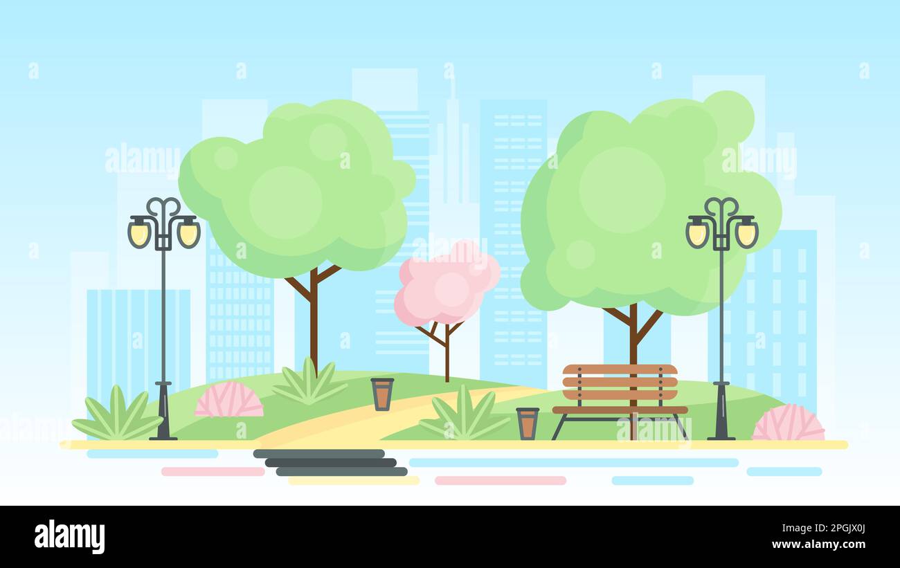 Spring public city park vector illustration. Cartoon urban town garden ...