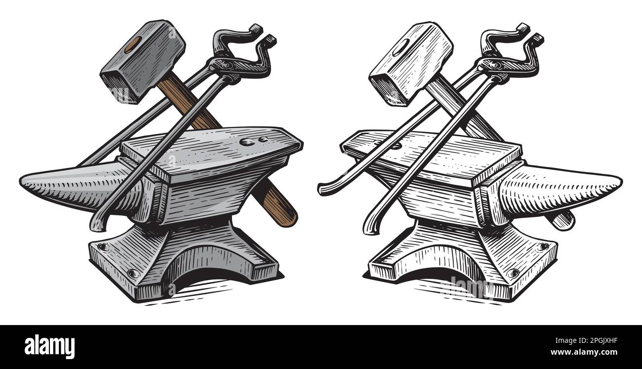 Anvil, hammer, tongs. Metal working tools. Blacksmith craft concept. Hand drawn sketch vintage ...